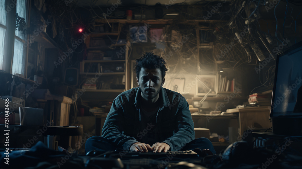 Young man typing on a computer keyboard inside a dark and messy room ...