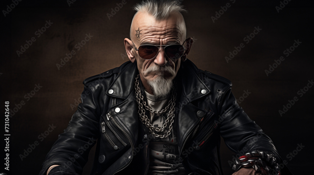 Old man punk rocker with shaved with spiky gray hair in a mohawk, beard ...