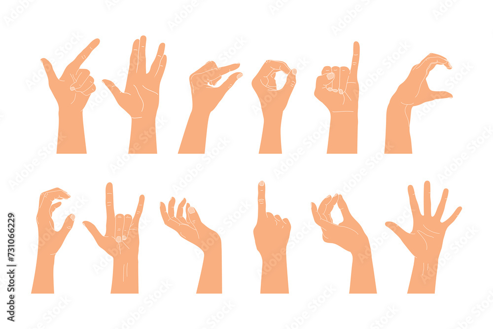Set of raised human hands showing different gestures. Vector illustration of human hands Stock ...