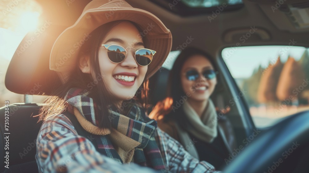 Two young asian women having fun sing a song in the car on a day trip ...