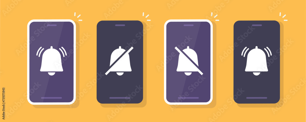 Cell phone silent mode turn on off vector icon graphic illustration set ...