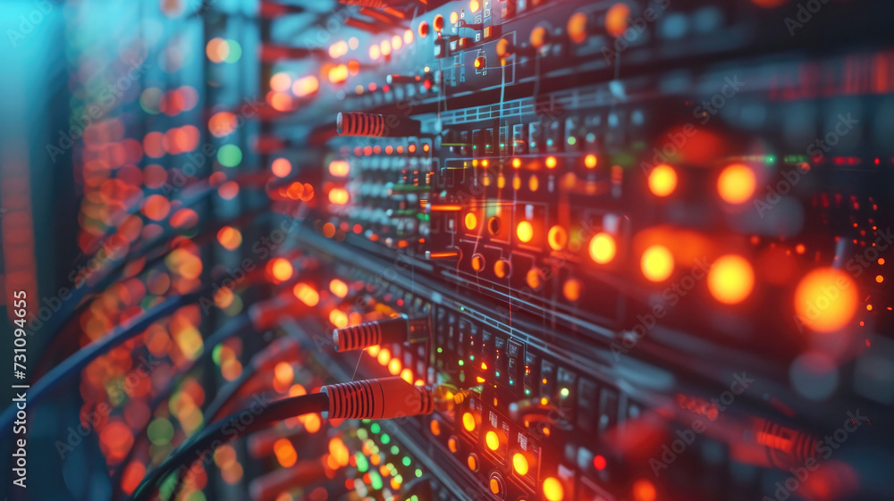 Detail of cables, connectors, cable ties, racks and other accessories ...