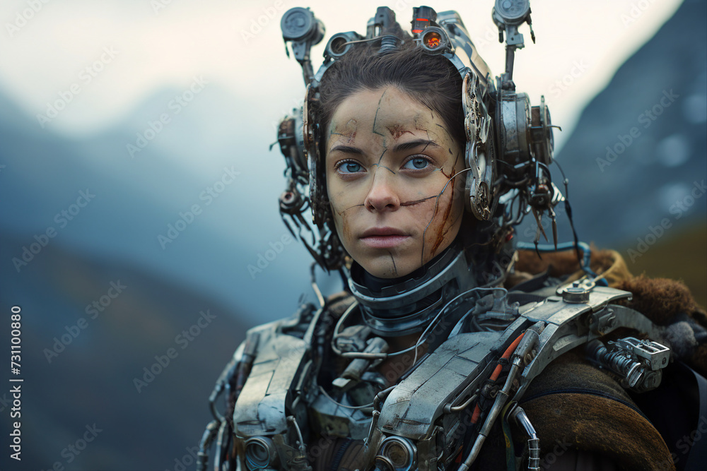 Humanoid robot like people of future Earth planet on camping conceptual ...