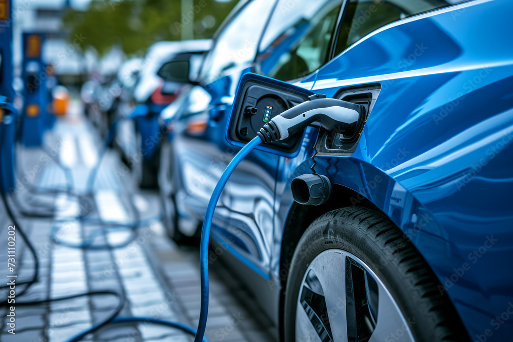 Fleet of Electric Cars at Charging Stations, A fleet of electric ...