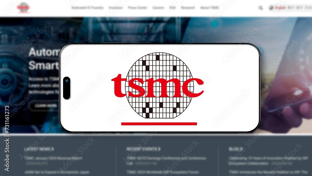 Istanbul, Turkey - 7 February 2024: TSMC brand logo on smartphone screen with its website in ...