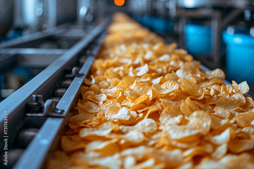 View the potato chip production line at a food industrial plant ...