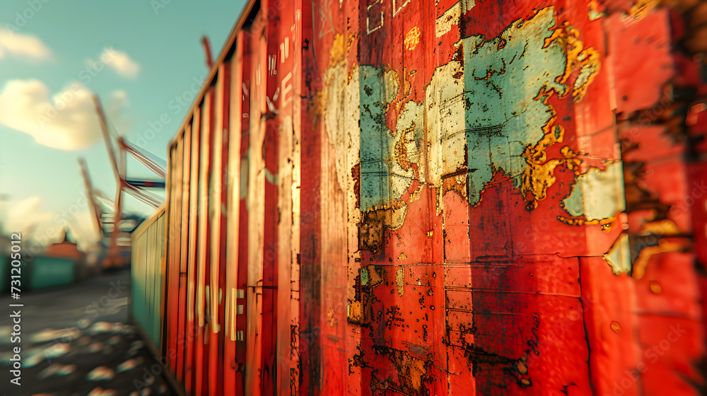 Weathered shipping container featuring a colorful world map graffiti ...