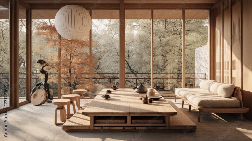 Contemporary Japandi apartment design with earthy tones, wooden ...