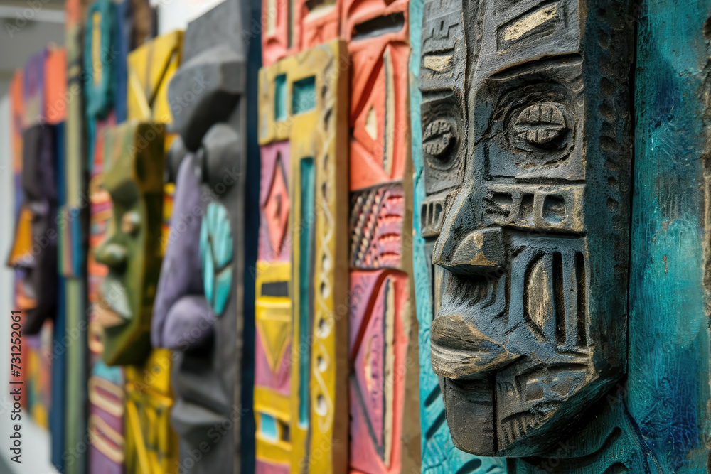 Design a relief sculpture inspired by African tribal masks, with bold ...