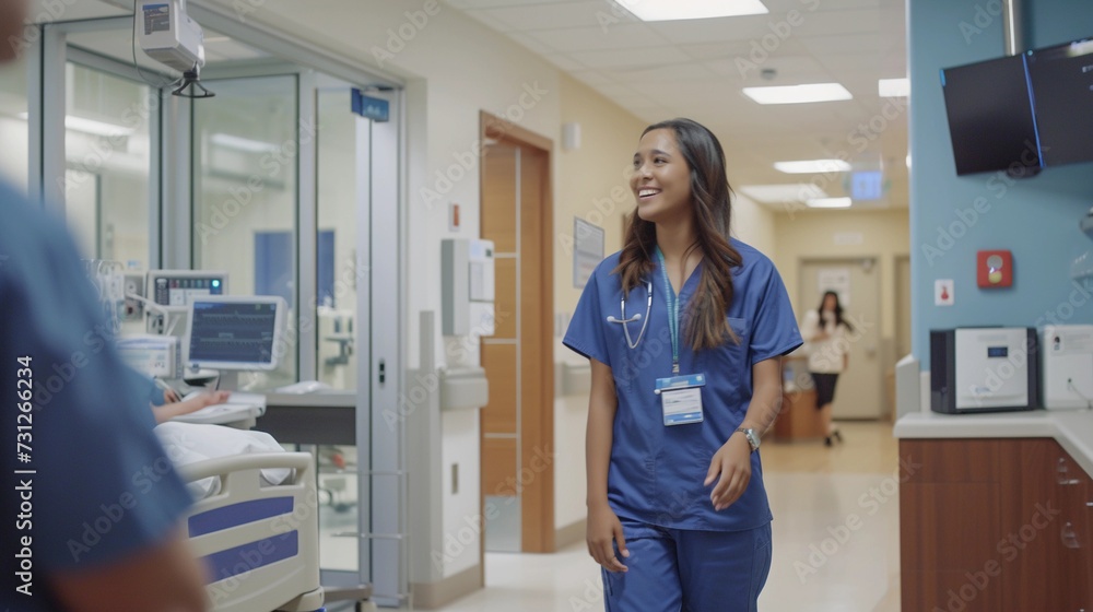 Empathetic healthcare professional in scrubs, interacting with patients ...