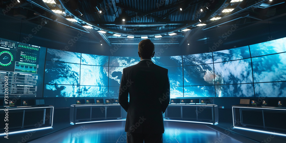weather forecaster in a modern TV studio, surrounded by high-tech ...