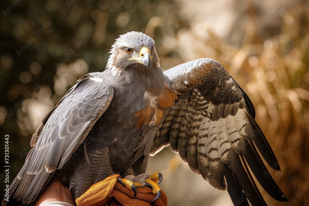 Feathers ruffle as a majestic hawk perches on a gloved hand, embodying ...