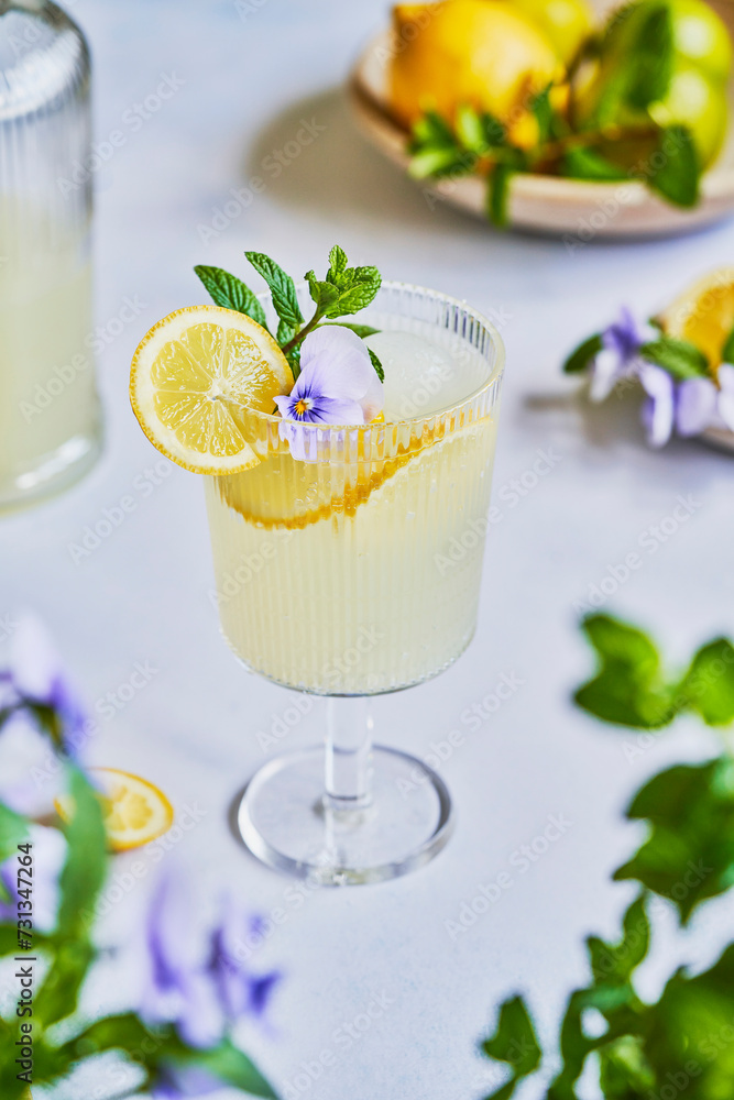 Lemon Mint Lemonade Mocktail on Light Blue Background with Lemon, Mint ...