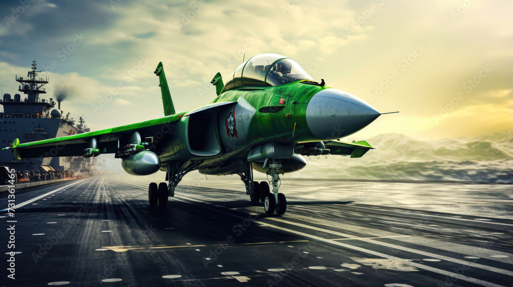 Light Green and Black Fighter Jet Taking Off from an Aircraft Carrier ...