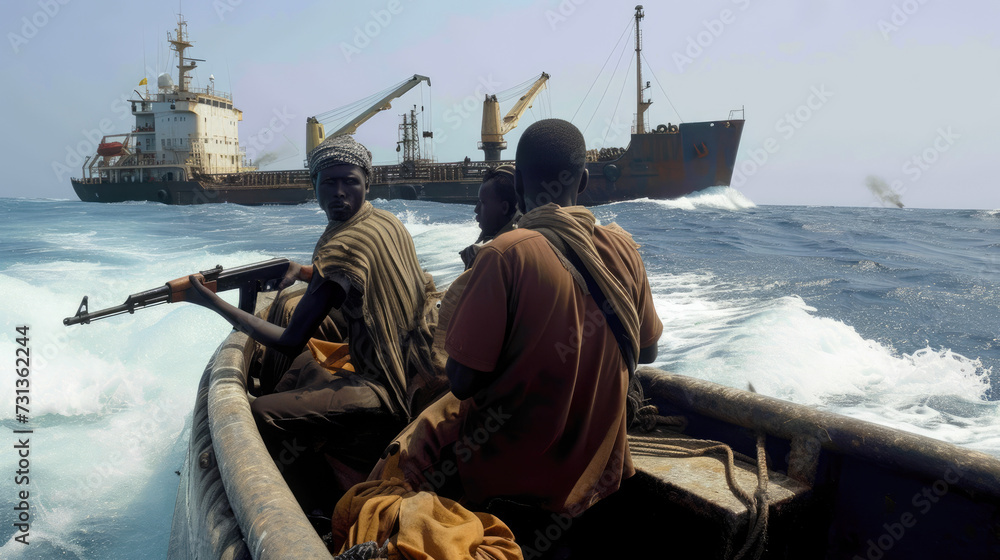 Modern sea pirates attacking cargo ship, boat with armed people sails ...