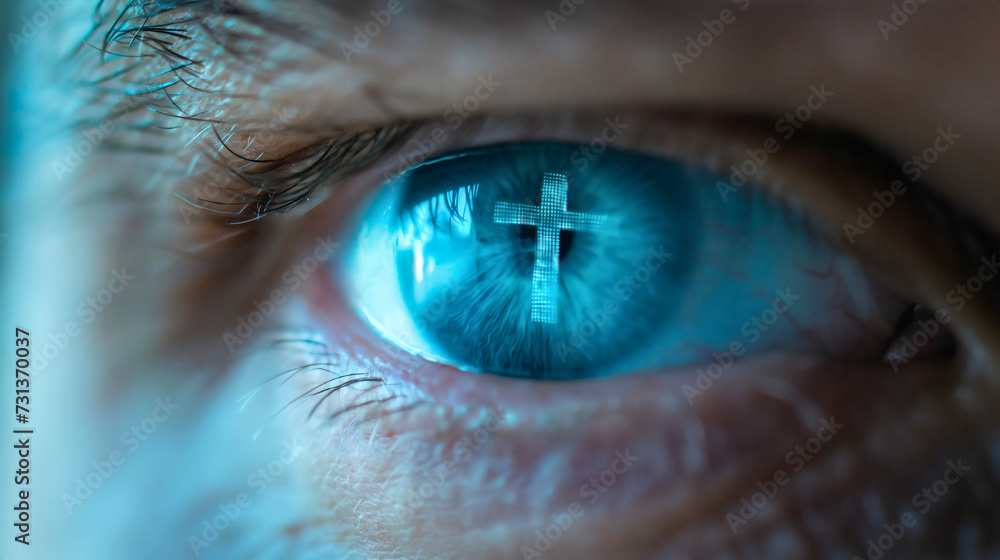 Closeup photography of a Christian cross reflecting in a man's eye ...