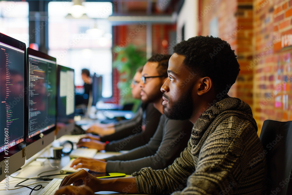 Software Developer Programming Finding Solutions while Working on Desktop Computers in Data ...