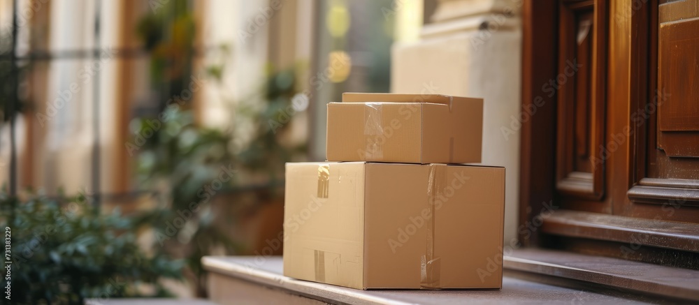 Two rectangular cardboard boxes are stacked on the wooden steps of a ...