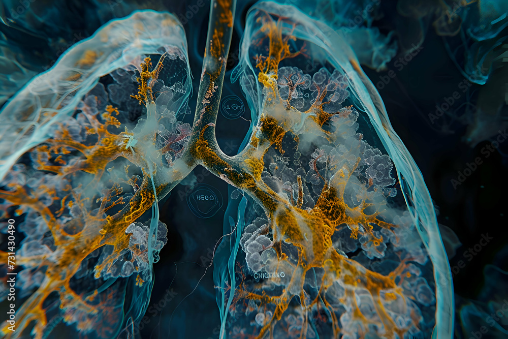 Illustration of MRI scan image of lungs with fibrosis highlighting the ...