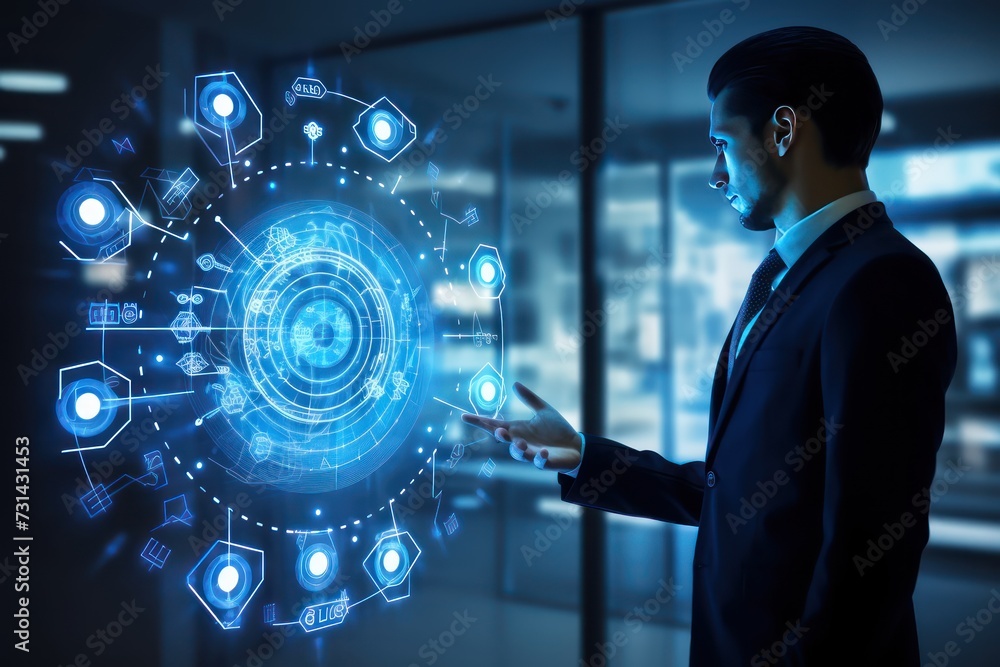 The abstract image of the hand point to the business virtual hologram ...