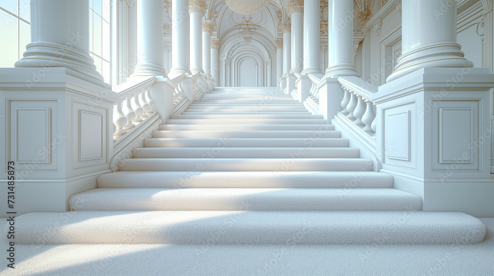Corridor with columns and pillars, Staircase in the house, White carpet ...