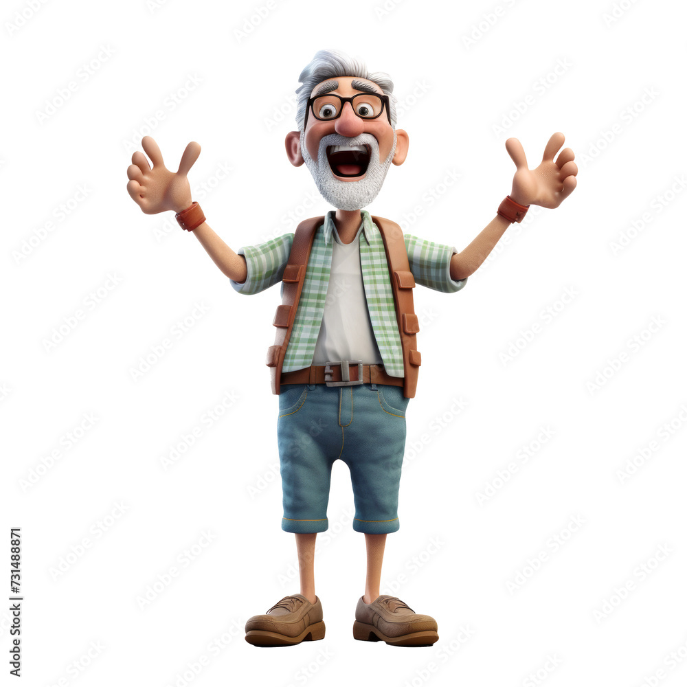 The 3D animation character depicts a grandpa with open arms, warmly ...