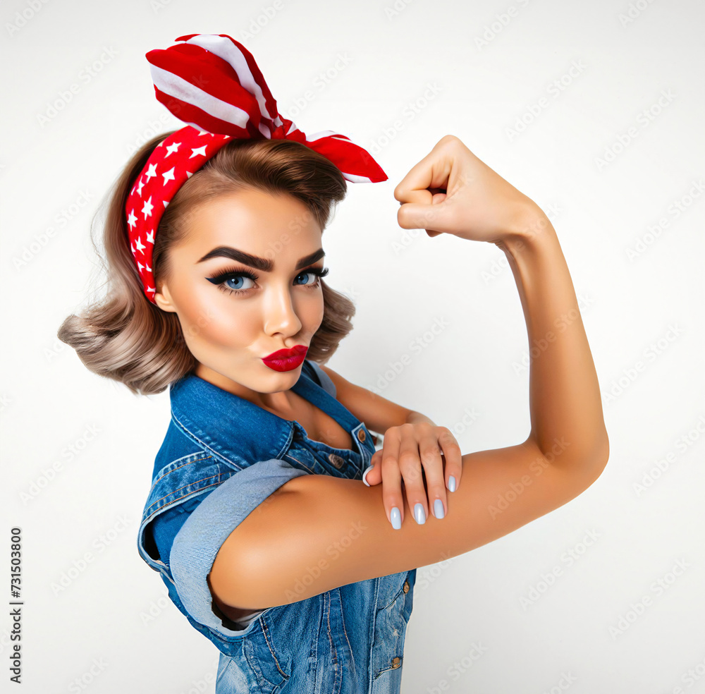 Closeup of gorgeous pin-up model dressed as Rosie the Riveter, flexing ...