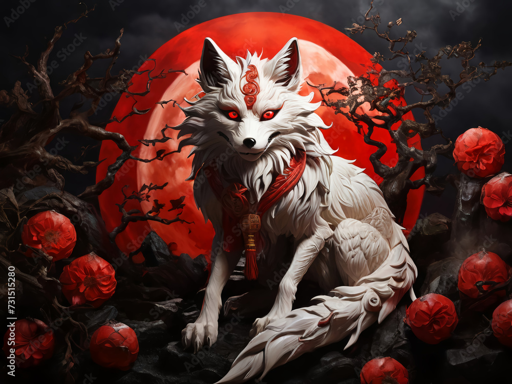 Waning Red Moon Nine-Tailed Fox Enveloped in the Mystique of a Kitsune ...