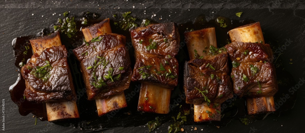 Pan-seared beef or veal short ribs, viewed from above, with a black ...