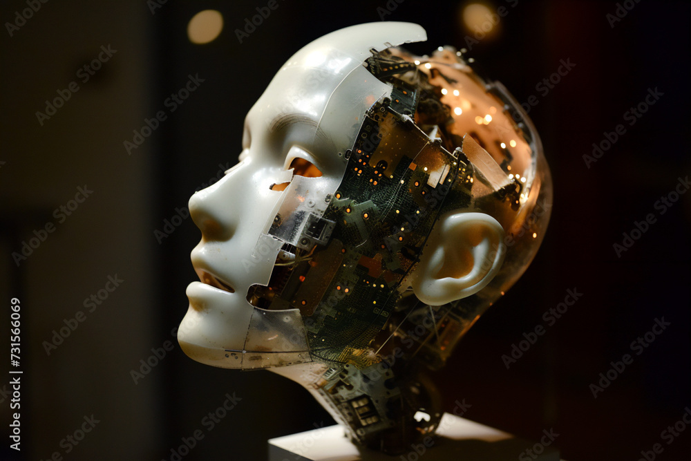 Broken mannequin head showing computer chip underneath the plastic ...