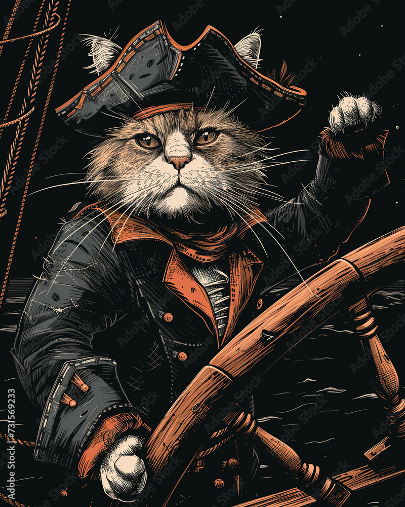 sea robber. A cat in the role of captain of a pirate ship, in a shorts ...