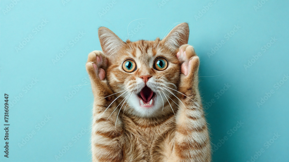 Surprised shocked cat face with paws on head on blue background with ...