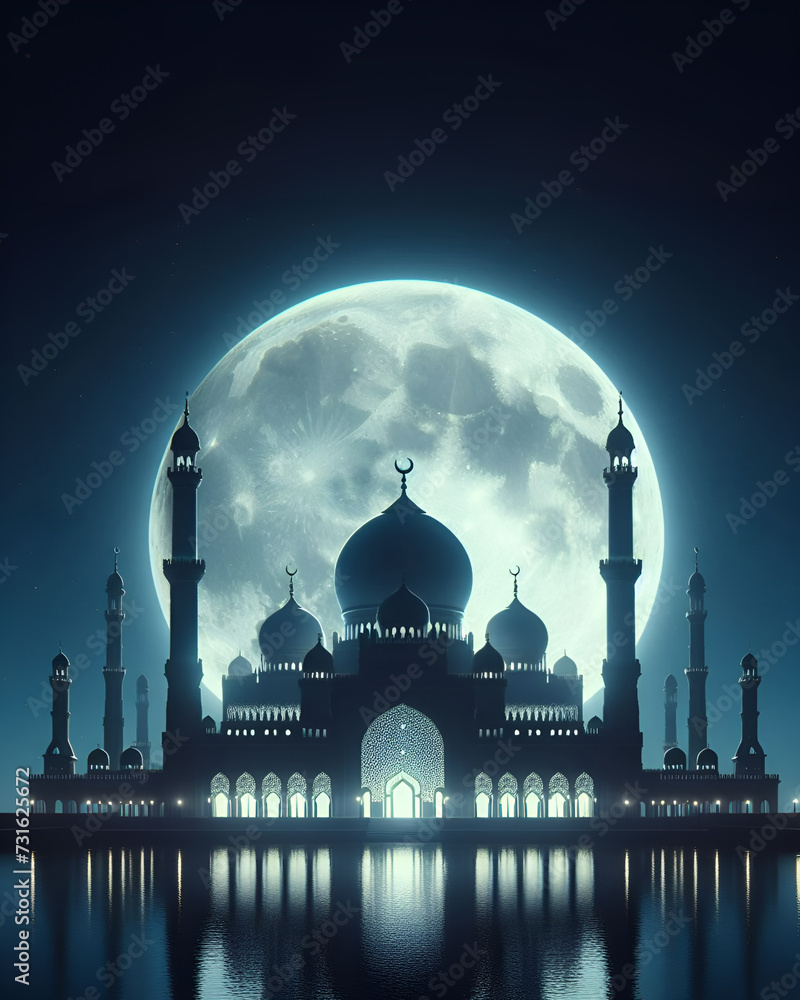mosque with minaret under the full moon and blue night sky, islamic ...