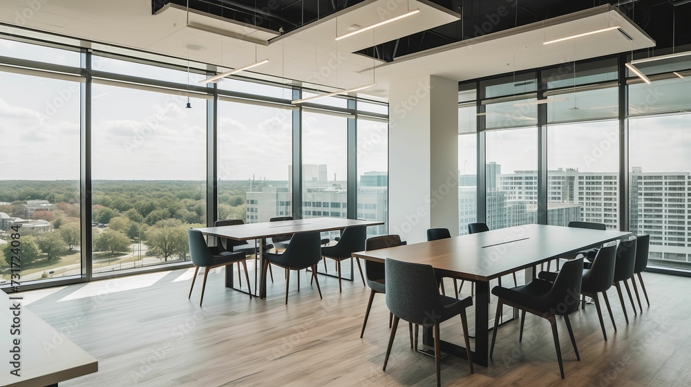 AI generated illustration of a modern boardroom with a large window ...