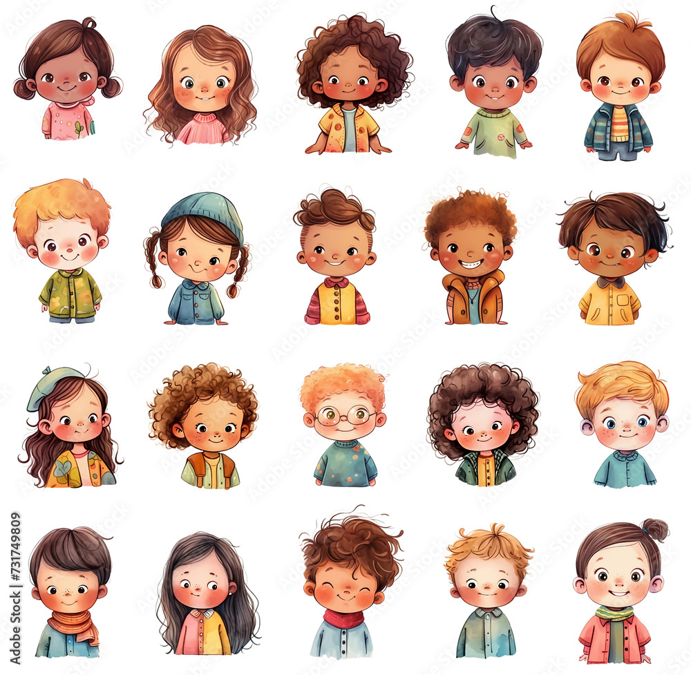 Illustration Stock Cute cartoon kids avatars clipart, children faces ...