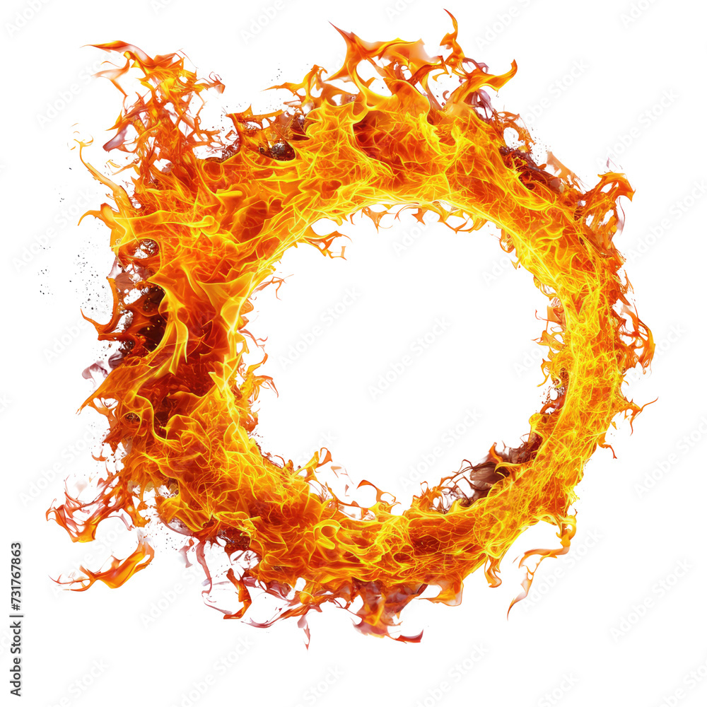 Realistic fire flame circle ring on white background. Round fire flame ...