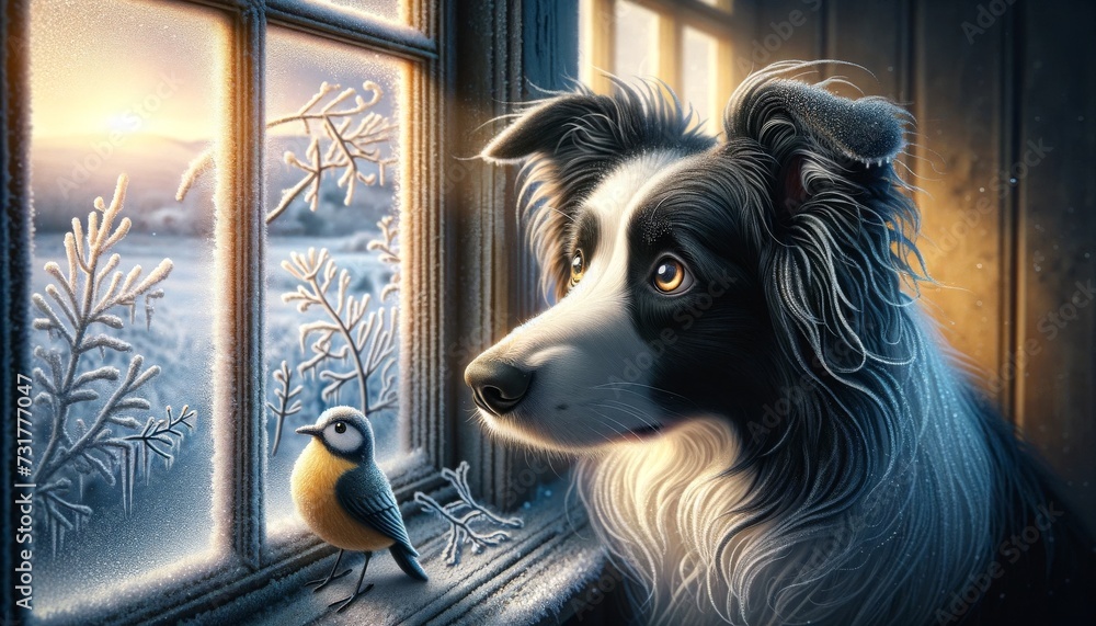 A whimsical animated art style portrait of a border collie gazing out a ...