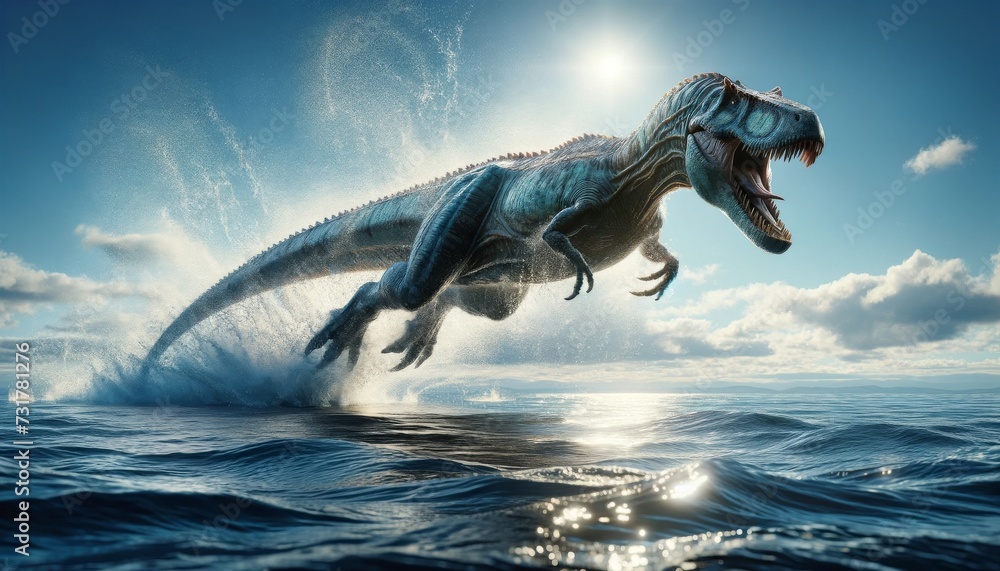 A Mosasaurus breaching the ocean surface, the prehistoric marine ...
