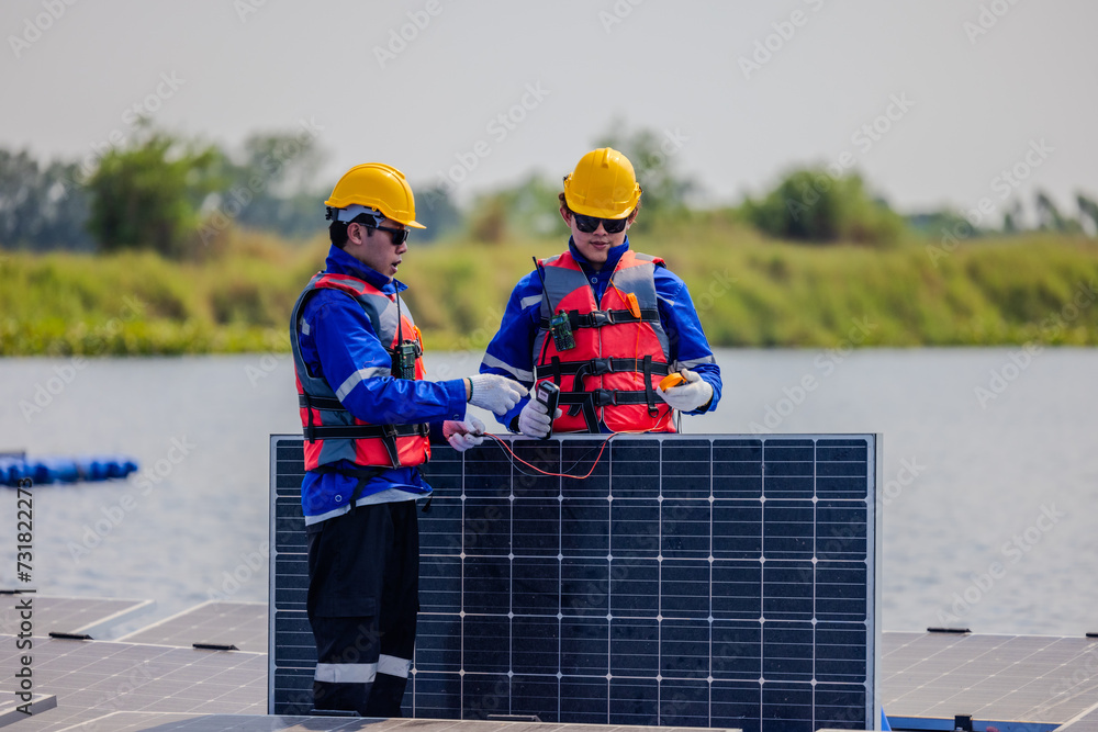 Technicians check floating solar farm wiring, polarity, and grounding ...