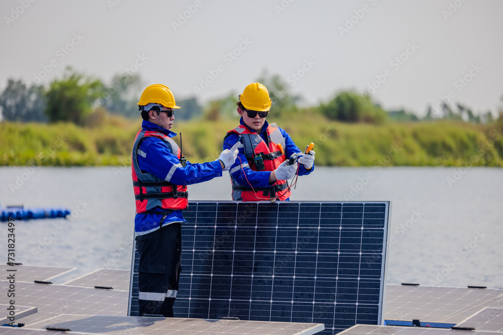 Technicians check floating solar farm wiring, polarity, and grounding ...