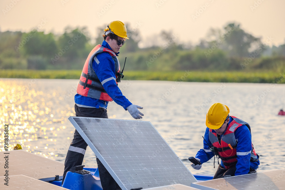 Technicians check floating solar farm wiring, polarity, and grounding ...