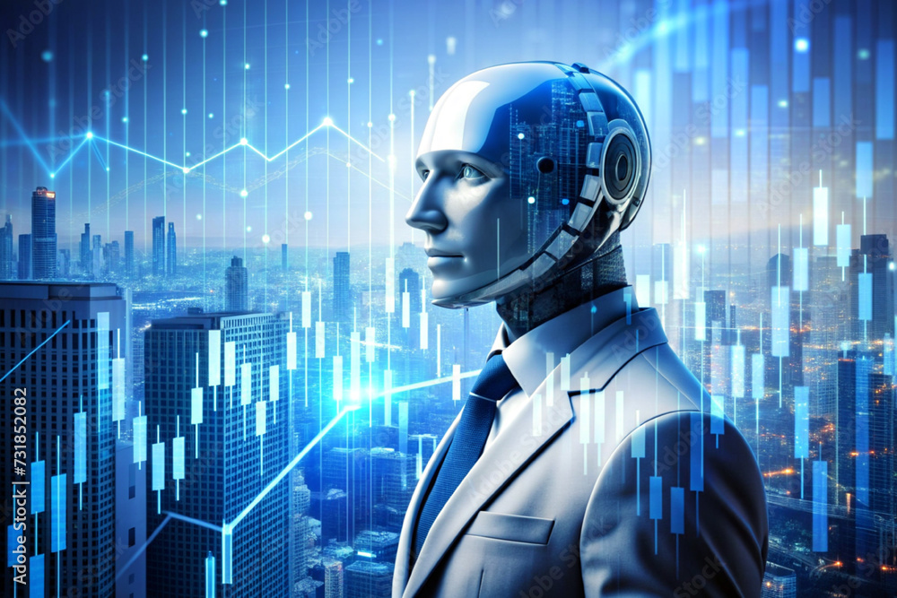 AI robot hand holding tablet showing graph growth stock. finance forex ...