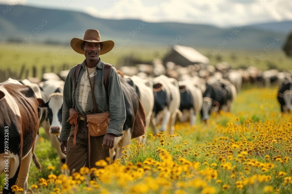 Farm, black man and happy, cow and agriculture for livestock ...
