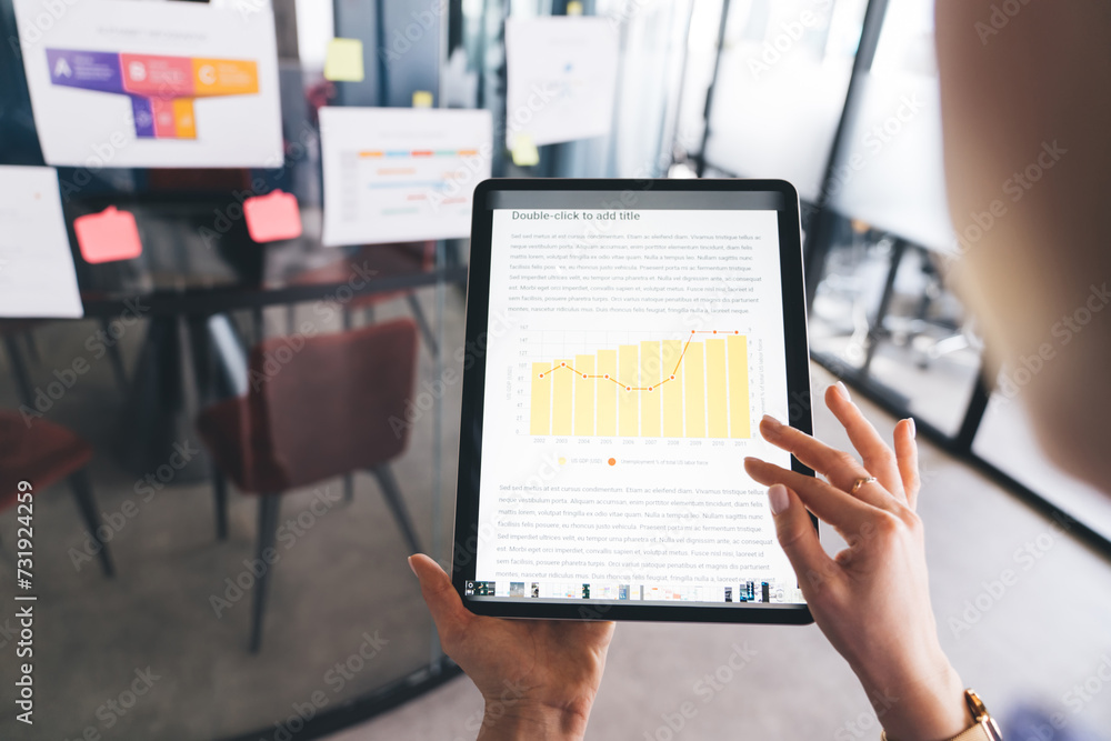 Cropped female boss analyzing revenue graph charts displayed on modern ...
