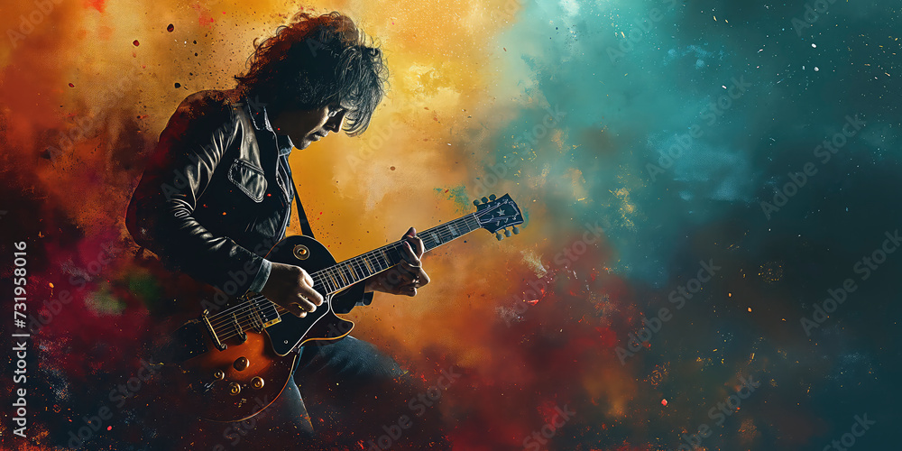 Iconic 1970s Groove: A vintage rock guitarist captivates with a teal ...