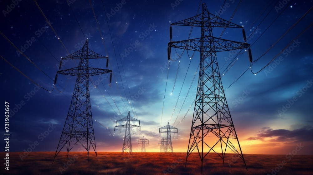 Electricity transmission towers with orange glowing wires the starry ...