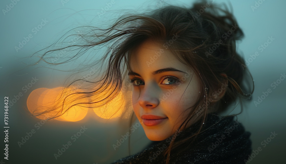 girls hair moving in the wind by night, hair in front of face, blurred ...