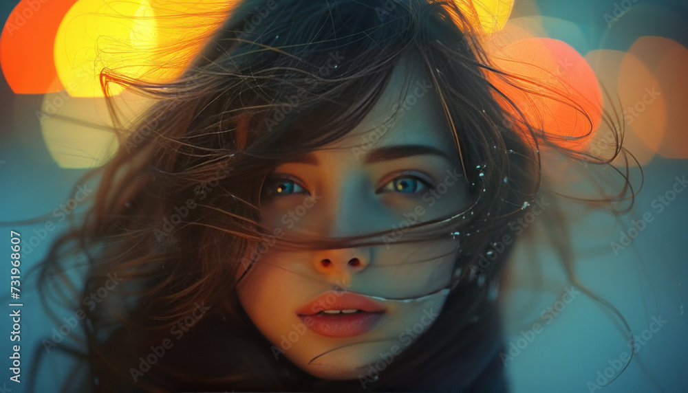 girls hair moving in the wind by night, hair in front of face, blurred ...