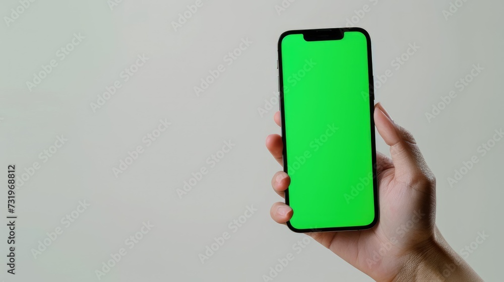 Hand hold cell phone with green screen mock up. Mobile smartphone ...