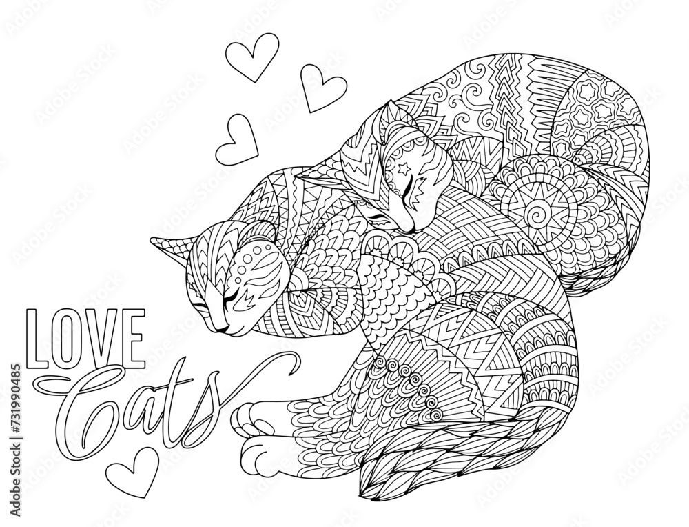 Zentangle two cats coloring page, Love cats fun coloring activity ...
